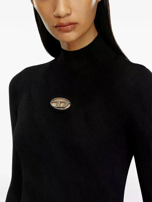 DIESEL® Ribbed Knit High Neck Long Sleeve Top With Appliqué Logo