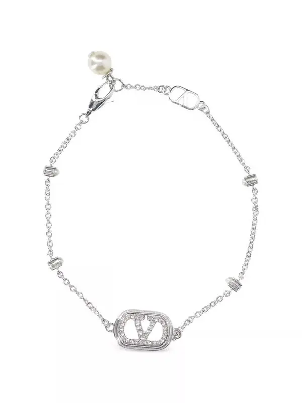 Valentino Garavani V-logo Signature Bracelet With Pearl And Crystal Detail - Silver