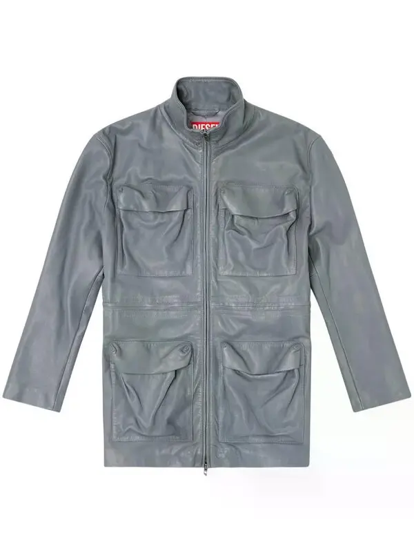 DIESEL® Leather Jacket With Zip Fastening And Flap Pockets - Grey
