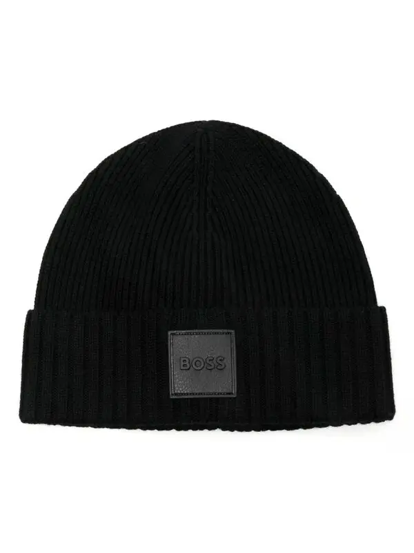 BOSS Logo Patch Ribbed Knit Beanie - Black
