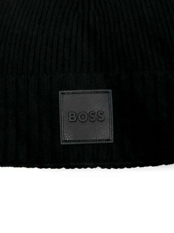 BOSS Logo Patch Ribbed Knit Beanie