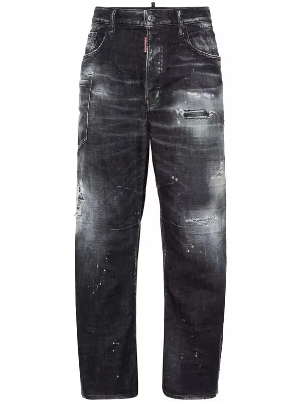 Dsquared2 Cotton Blend Denim Distressed Wide Leg Jeans - Black
