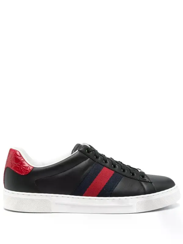 Gucci Ace Leather Sneakers With Web Detailing - Black