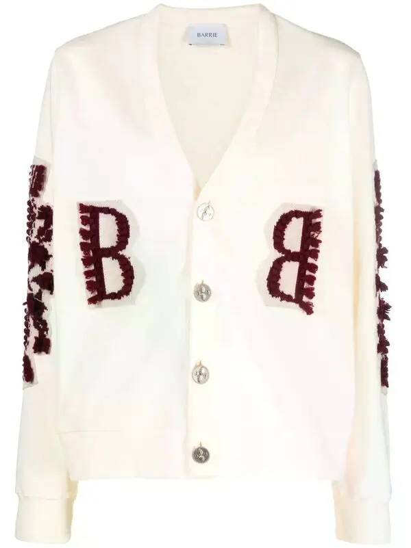 BARRIE Cream Cashmere & Cotton Embroidered Logo Cardigan - Neutrals