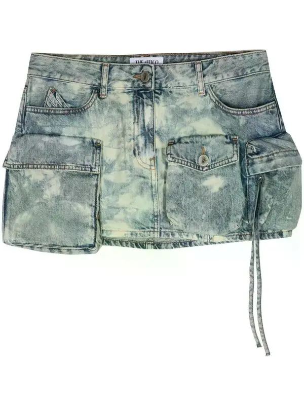 Attico Bleach Wash Denim Mini Skirt With Cargo Pockets - Blue