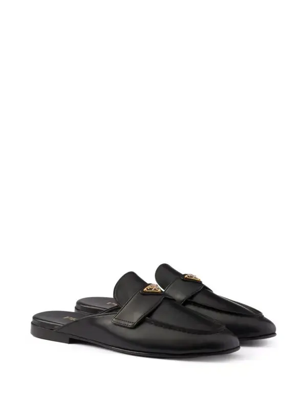 Prada Leather Slipper Mules With Enamelled Triangle Logo - Black