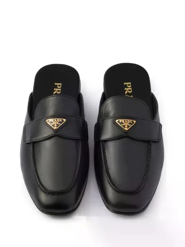 Prada Leather Slipper Mules With Enamelled Triangle Logo - Black