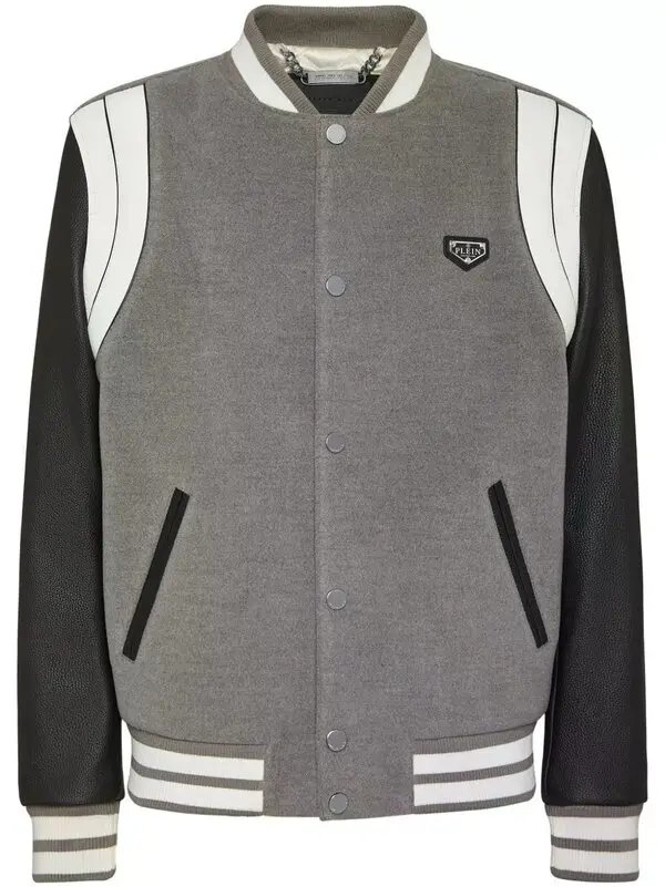 Philipp Plein Leather Sleeves Bomber Jacket - Grey