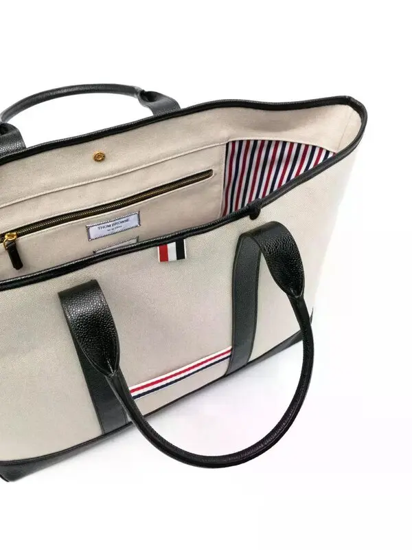 Thom Browne Canvas And Leather Tote Bag With Rwb Stripe