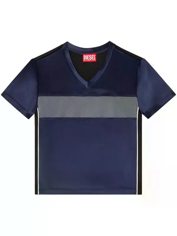 DIESEL® T-race" Cropped V-neck T-shirt With Tulle Inserts - Blue