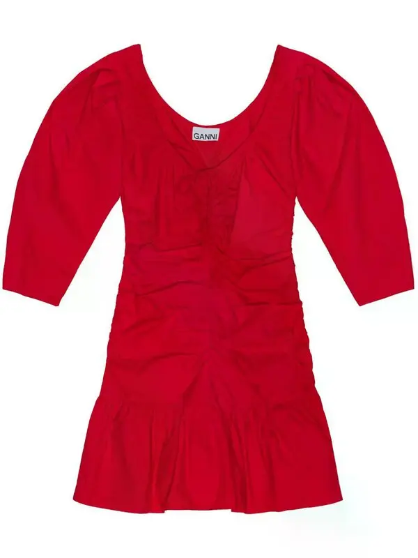 GANNI Gathered Poplin Minidress - Red