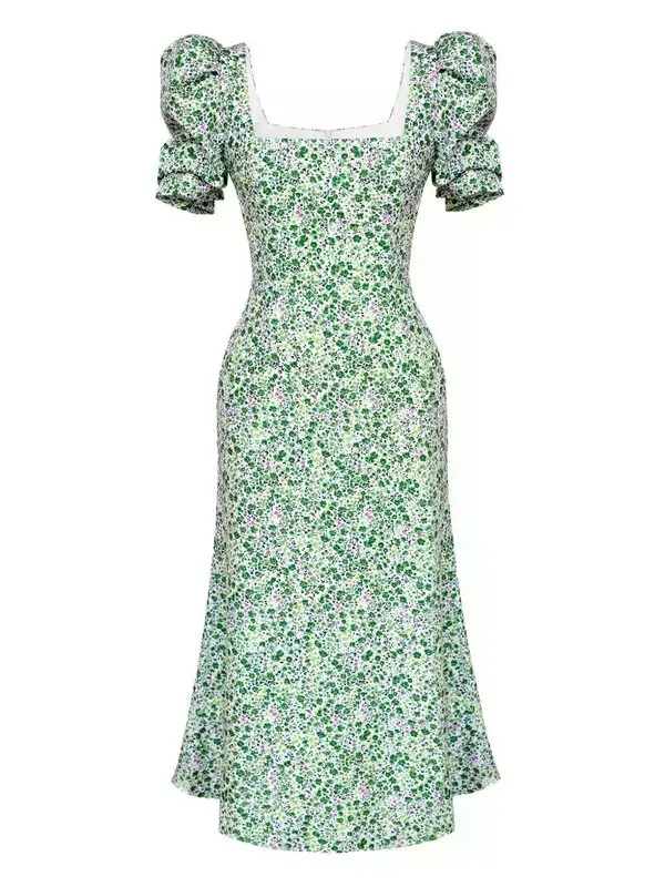 POST MERIDIEM Godet Gilhouette Square-neck Midi Dress - Green