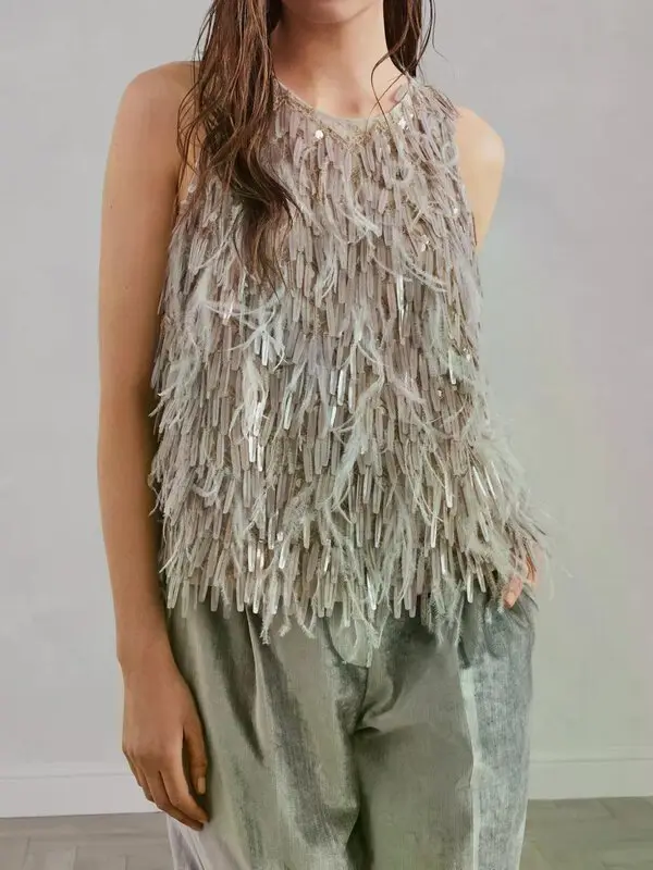 Brunello Cucinelli Sleeveless Feather Embellished Top - Neutrals