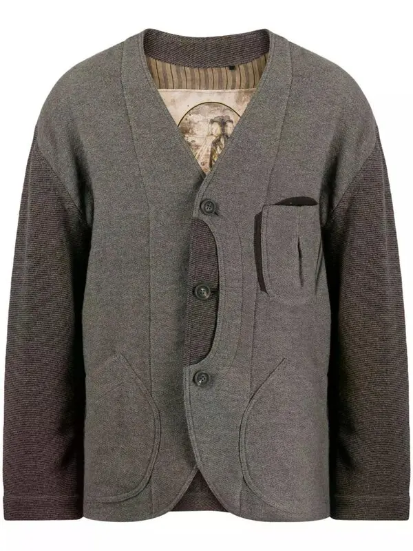 ZIGGY CHEN Patchwork Design V-neck Jacket - Grey