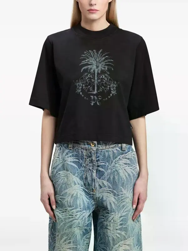 Palm Angels Cropped Cotton T-shirt With Palm Tree Print