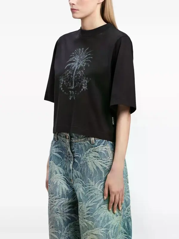Palm Angels Cropped Cotton T-shirt With Palm Tree Print