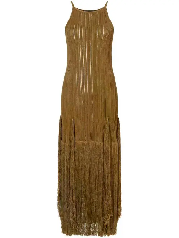Proenza Schouler Halterneck Ribbed Maxi Dress With Fringe Detail - Brown