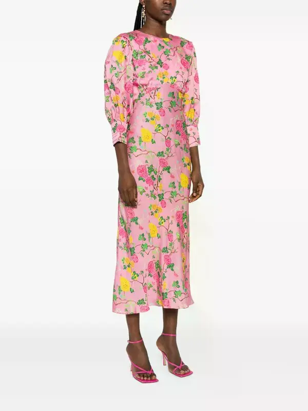 NISSA Printed Puff Sleeve Midi Dress - Pink