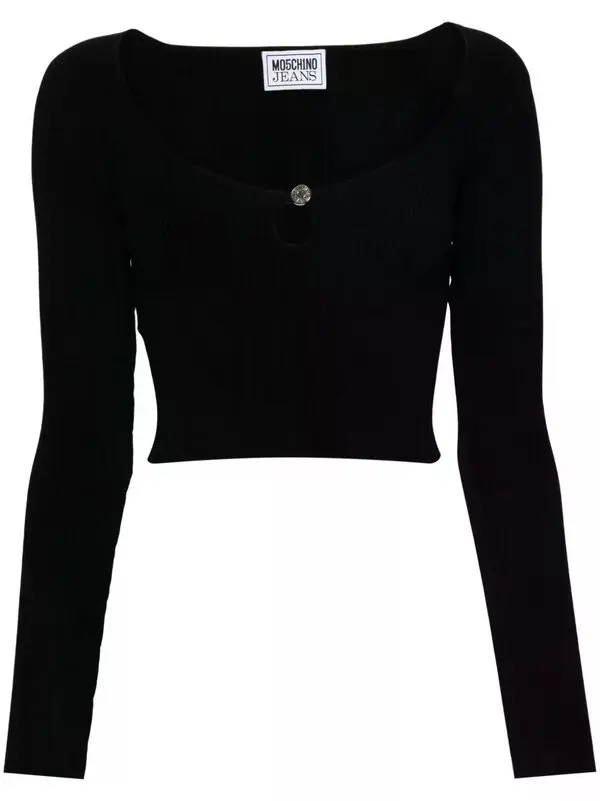 Moschino Ribbed Knit Cropped Top With Button Detail - Blue