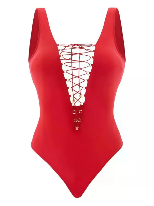 NOIRE SWIMWEAR Lace-up Plunge One Piece - Red