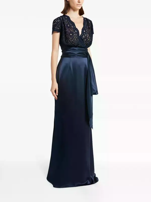 Talbot Runhof V-neck Gown With Lace Panelling And Tied Waist