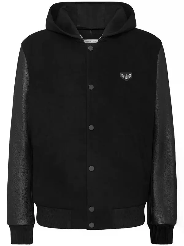 Philipp Plein Leather Sleeves Hooded Bomber Jacket