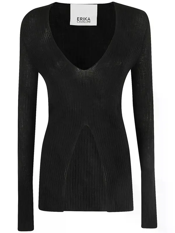 Erika Cavallini Virgin Wool Jumper With Ribbed Knit And V-neck