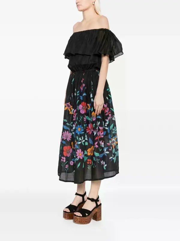 BAMBAH Linen Hibiscus Off-shoulder Dress - Black