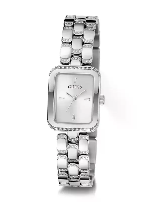 Guess Rectangular Stainless Steel Watch With Crystal-embellished Bezel - Silver