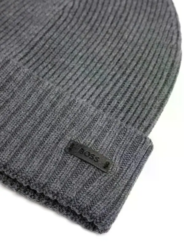 BOSS Ribbed Knit Beanie - Grey