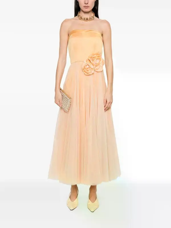 PARLOR Strapless Floral Appliqué Midi Dress - Orange