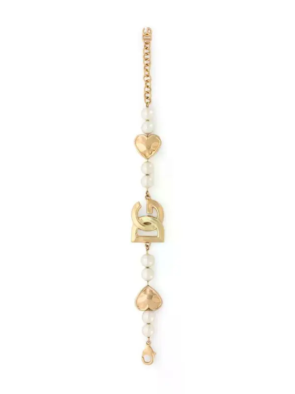 Dolce & Gabbana Tone Brass Logo And Heart Charm Bracelet With Faux Pearl Embellishment
