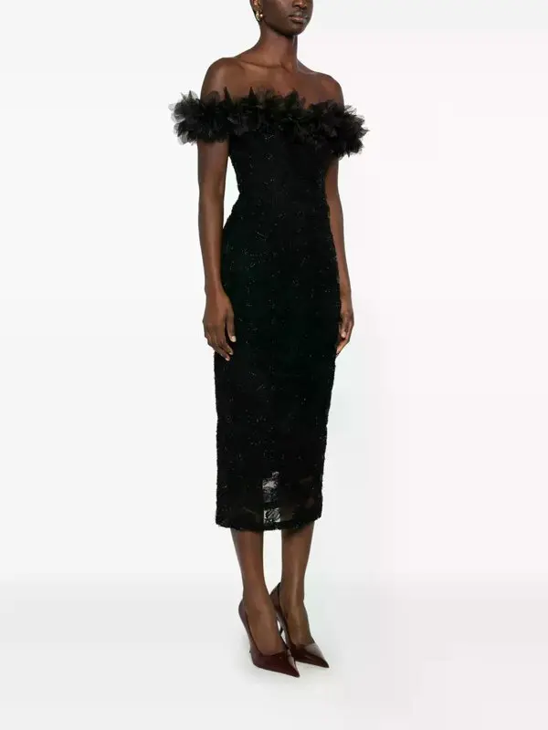 NISSA Floral Detail Lace Midi Dress - Black