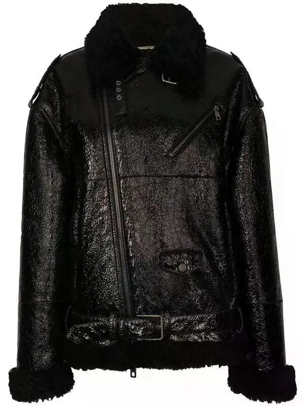 Dolce & Gabbana Pebbled Leather Jacket With Frilled Collar