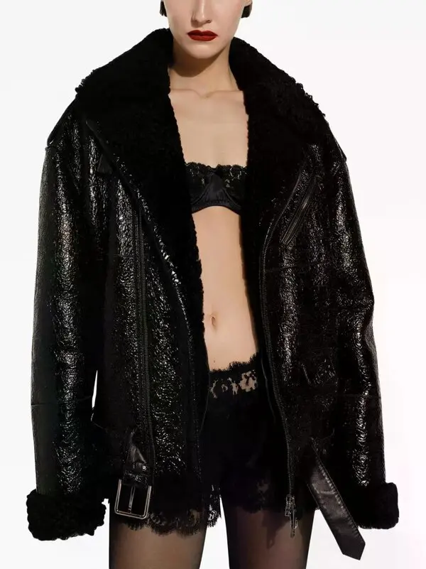 Dolce & Gabbana Pebbled Leather Jacket With Frilled Collar