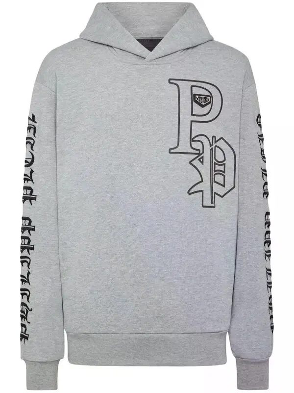 Philipp Plein Gothic Print Cotton Blend Hoodie - Grey