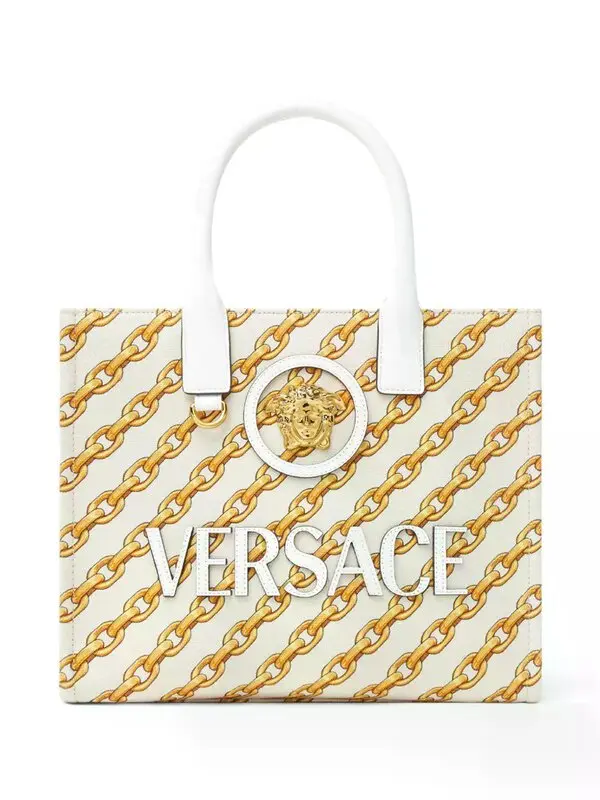 Versace La Medusa Small Chain Stripes Tote Bag - Neutrals