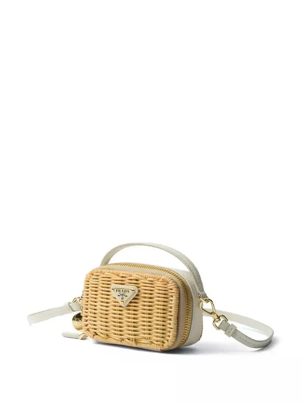 Prada Logo-plaque Woven-wicker Mini Pouch - Neutrals