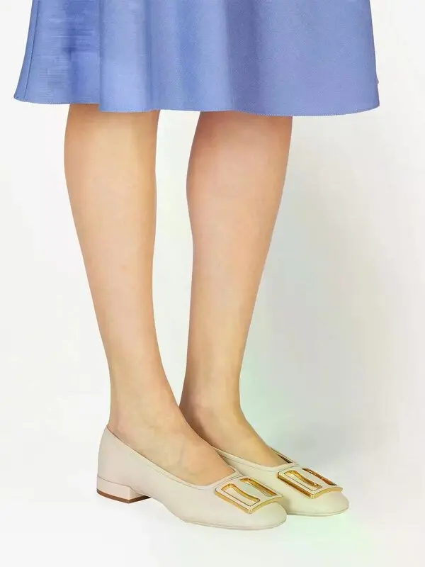 FERRAGAMO White Lambskin Ballerina Flats With Buckle Detail