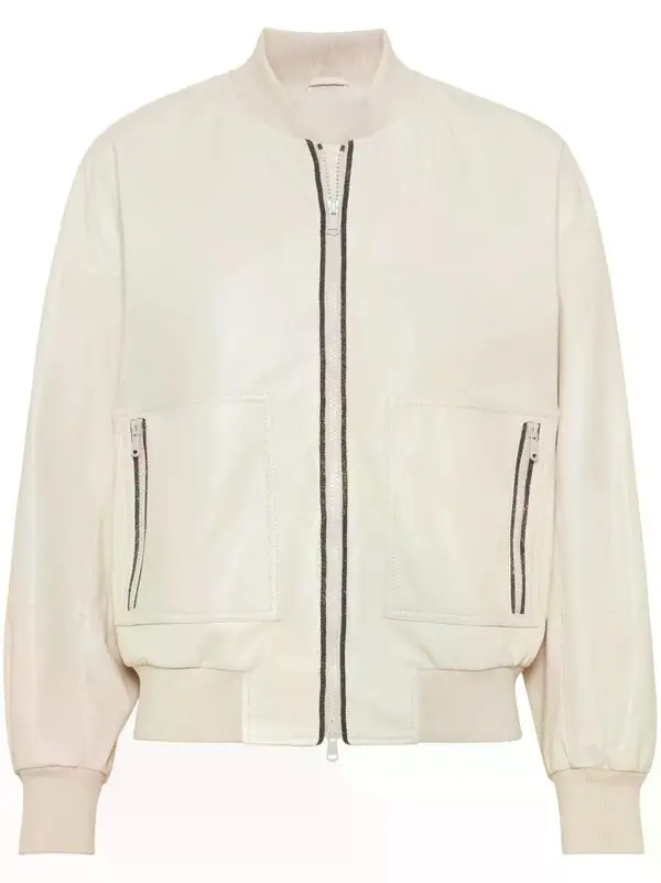 Brunello Cucinelli Monili Bead-embellished Leather Bomber Jacket - Neutrals