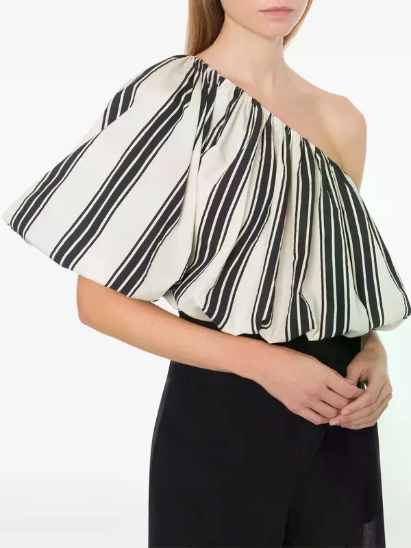 Philosophy Di Lorenzo Serafini One-shoulder Striped Top With Bishop Sleeves And Side Tie