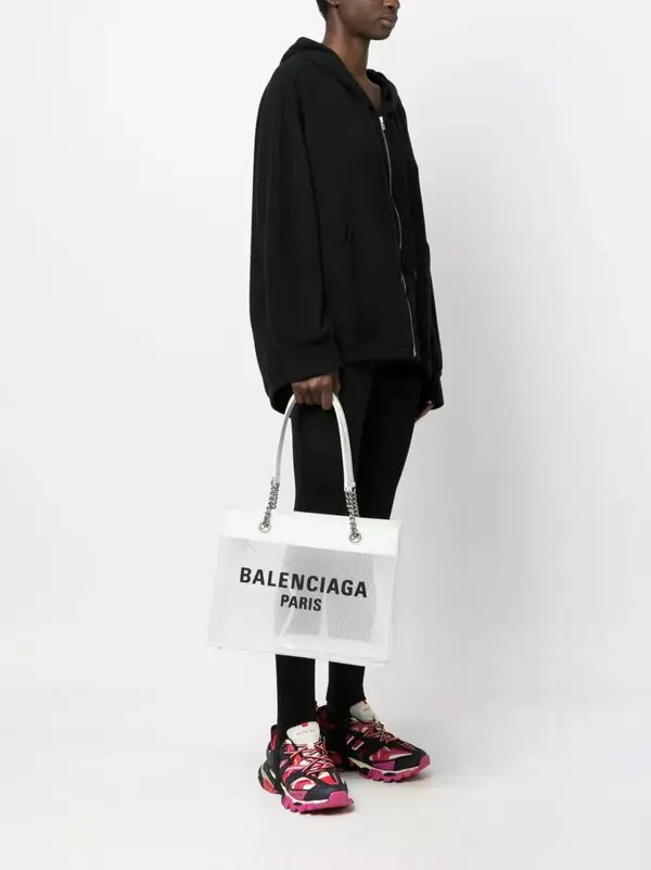 Balenciaga Mesh Logo Print Tote Bag With Chain Detail - White