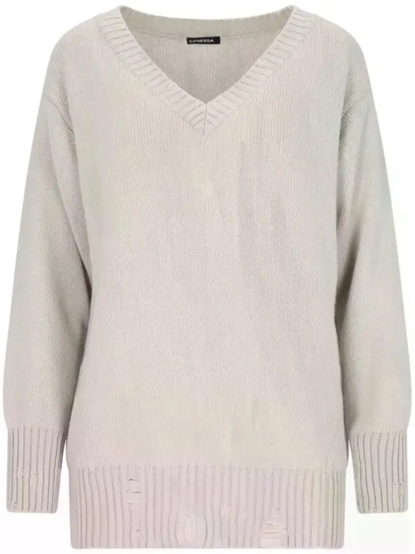 CANESSA Distressed Cashmere V-neck Sweater
