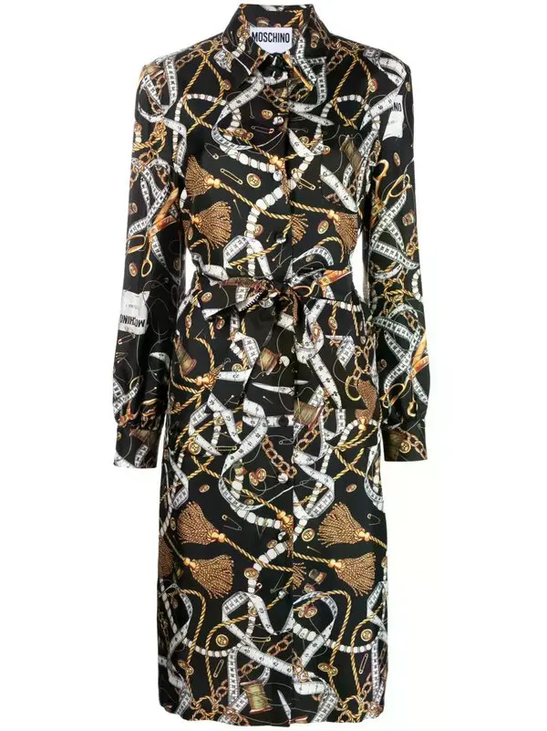 Moschino Graphic Print Silk Midi Shirt Dress - Black