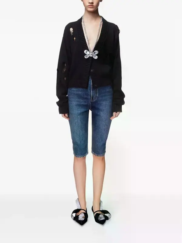 AREA Butterfly Embellished Distressed Cropped Cardigan - Black