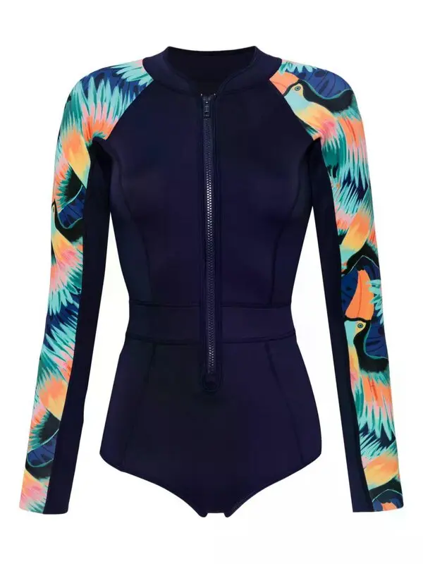 DUSKII Tropical-print Long-sleeved Swimsuit - Blue