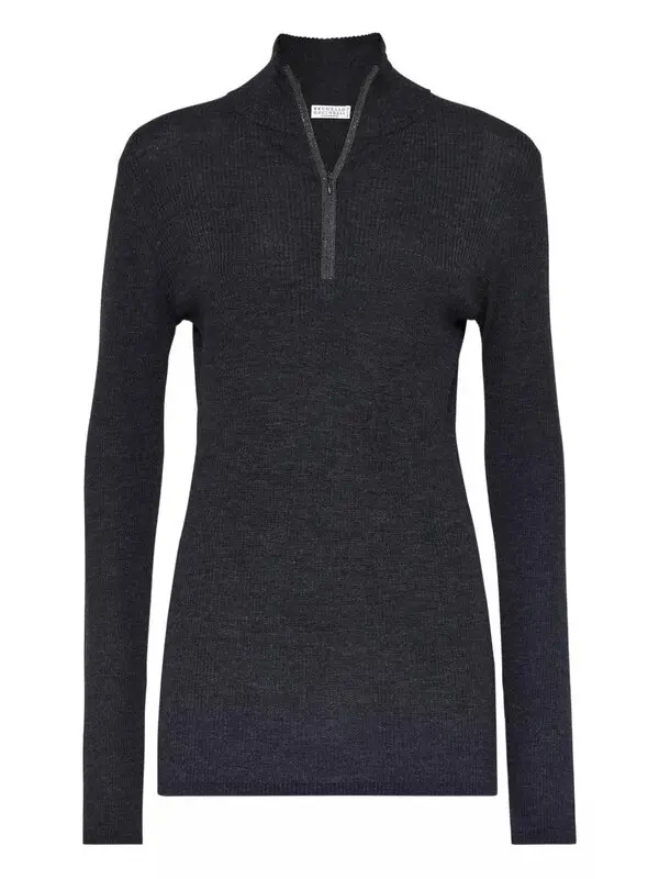 Brunello Cucinelli Ribbed Knit High Neck Zip Fastening Sweater - Grey