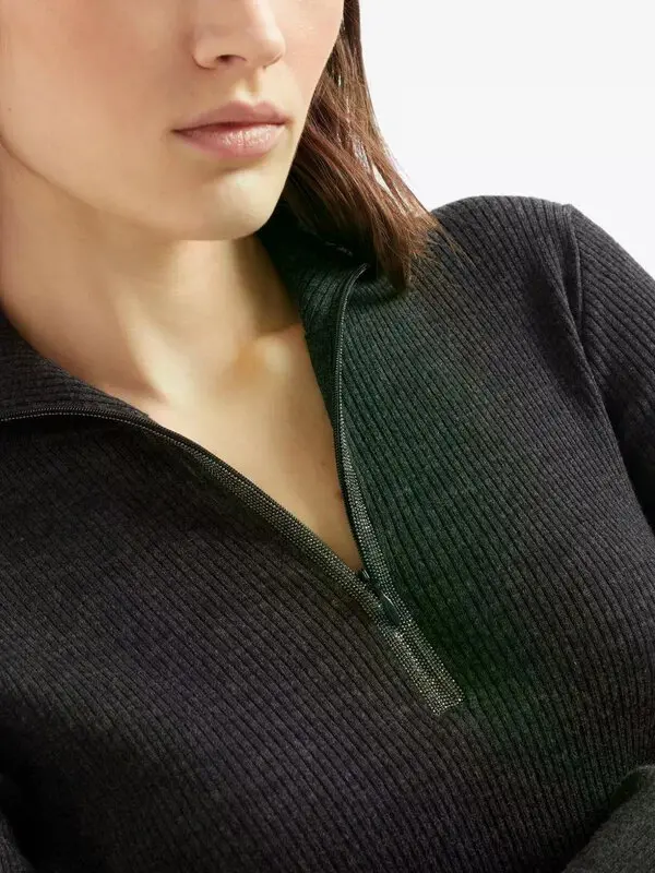 Brunello Cucinelli Ribbed Knit High Neck Zip Fastening Sweater - Grey