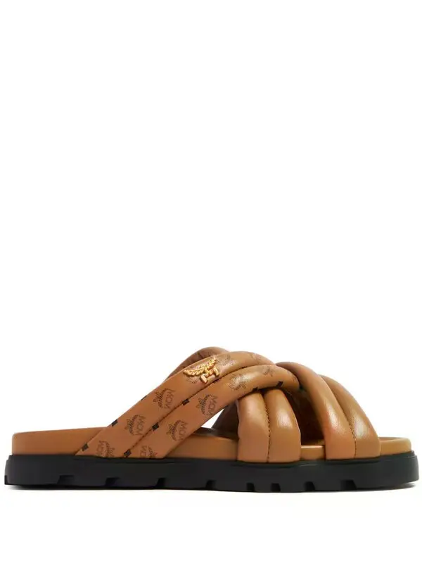 Mcm Visetos Print Leather Slides - Brown