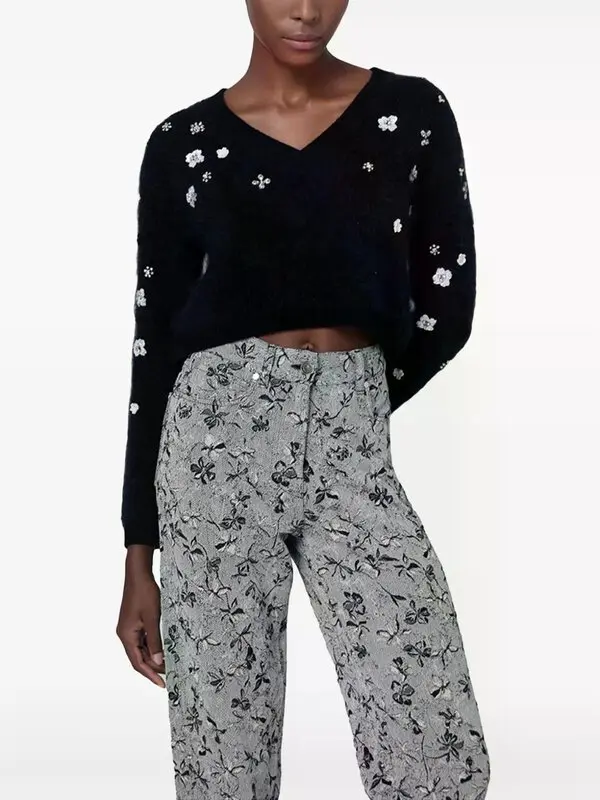 Ports 1961 Mohair-blend V-neck Sweater With Floral Appliqu